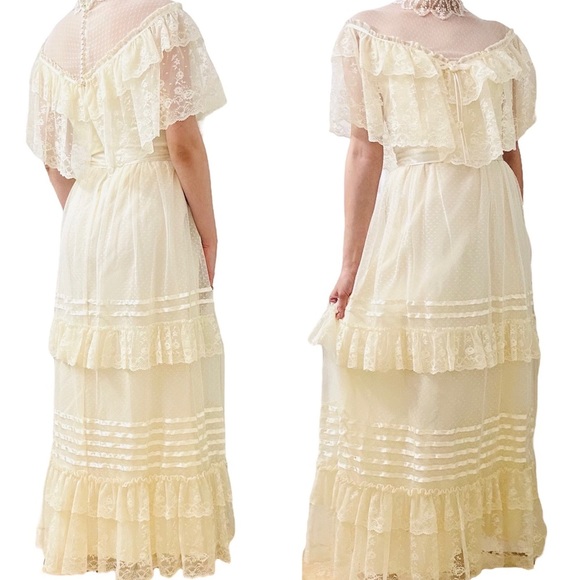 Vintage | Dresses | Vintage Dress Long Lace Coquette Dainty Cream Mesh ...
